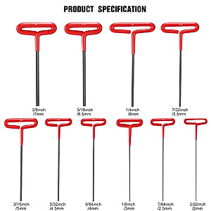 Honoson 10 Pieces T-handle Hex Key Set Hex Key Kit Sizes 3/32, 7/64, 1/8, 9/64, 5/32, 3/16, 7/32, 1/4, 5/16, 3/8 Inches