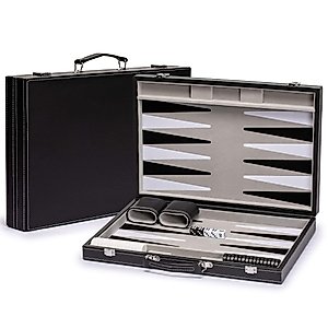 Yellow Mountain Imports Leatherette Backgammon Set, Antalya with Acrylic Checkers and Accessories - 17-inch Folding Board