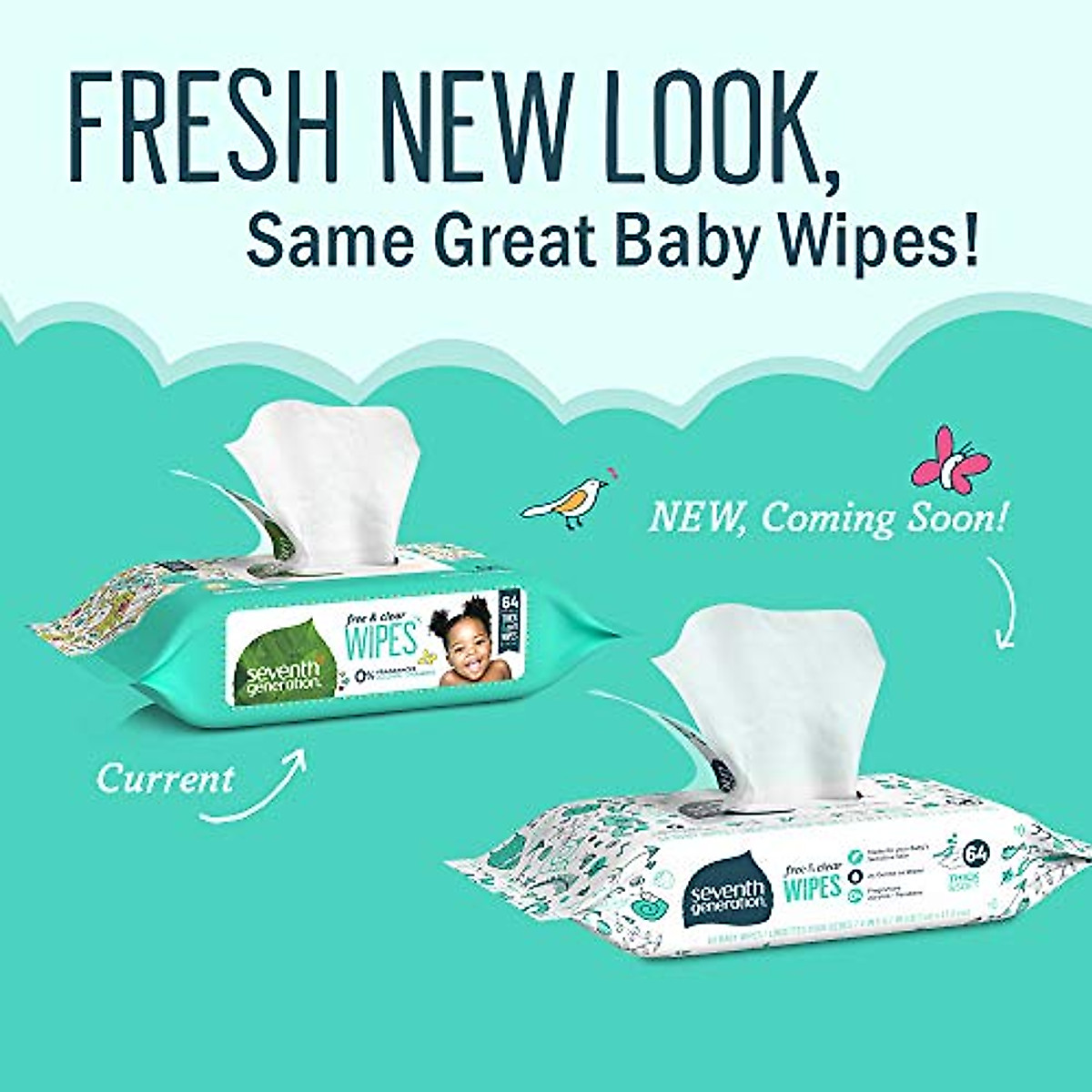 Seventh Generation, Baby Wipes, Unscented and Sensitive, 64 Count (Pack of 2)