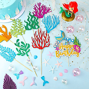 QUEEN KING 33 pcs Mermaid Cake Topper,Little Resin 3D Mermaid Seaweed Palm Leaves Bubble Starfish Shell Mermaid Tail Cupcake Picks for Kids Girls Birthday Baby Shower Party Decorations