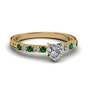 55Carat Petite Vintage Diamond Ring yellow gold plated Created Emerald Heart shape Green color Petite Engagement Rings prong Setting in Size 7 Minimal Surprise Gifts for Ladies