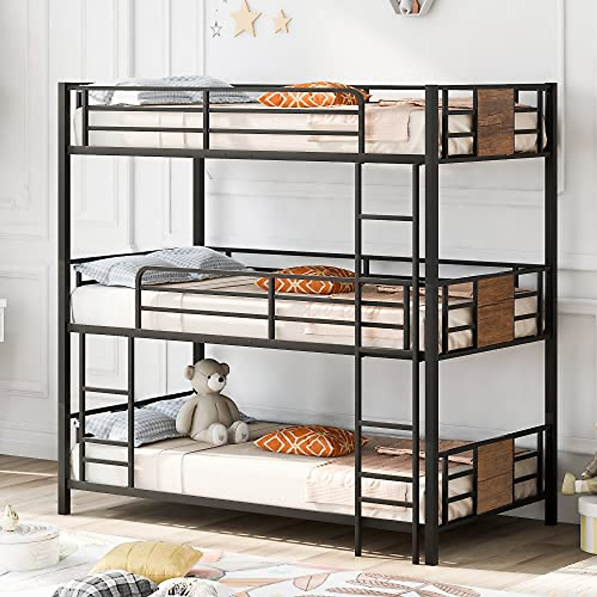 Metal Triple Bunk Bed for Kids,Twin-Over-Twin-Over-Twin Bunkbeds with Ladder and Safety Guardrails for Kids/Teen/Adults Bedroom,Divided into 3 Separate Beds,No Box Spring Needed,Brown