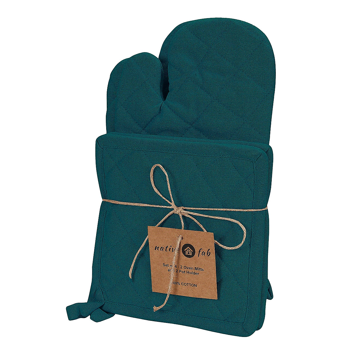 Native Fab Pot Holders and Oven Mitts Sets for Kitchen Heat Resistant - Hanging Non-Slip - 100% Cotton Kitchen Oven Mitts and Pot Holders 4-Piece Set - Teal