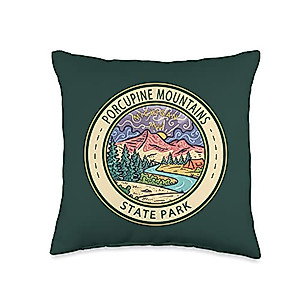 Porcupine Mountains State Park Designs Porcupine Mountains State Park Michigan Badge Vintage Throw Pillow, 16x16, Multicolor