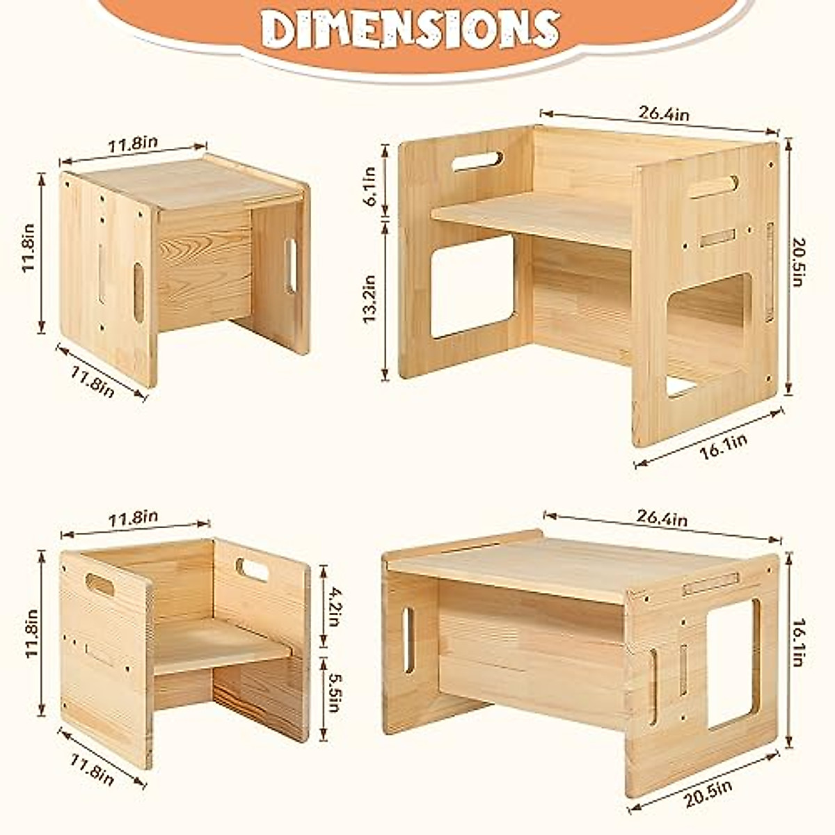 Montessori Weaning Table and Chair Set - Wood Weaning Table and 2 chairs, Solid Wooded Toddler Table, Cube Chairs for Toddlers, Kids Montessori Furniture for Arts & Crafts Snack Time Playing Study