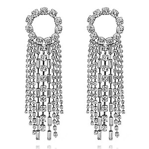 fxmimior Fashion Women Earrings Silver Tassel Full Rhinestones Ring Long Chain Drop Dangle Earrings Jewelry for Women