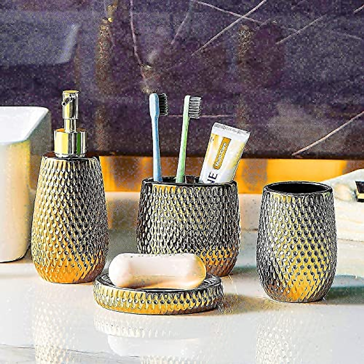 BASDHE Bathroom Accessories Set 5 Piece Bath Ensemble Includes Trash Can,Toothbrush Holder,Toothbrush Cup,Soap Dispenser,Soap Dish for Decorative Countertop and Housewarming Gift, Yellow