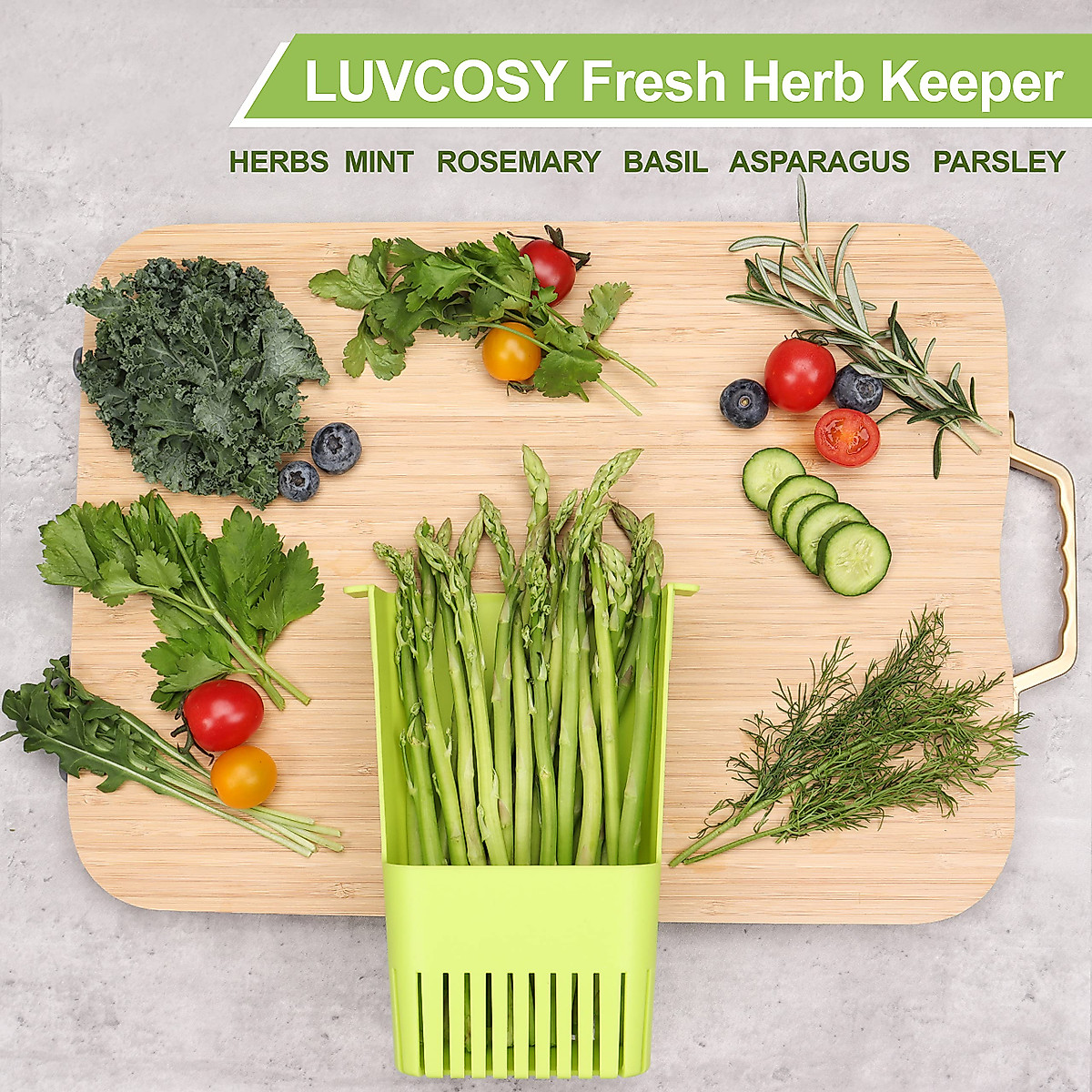 LUVCOSY Fresh Herb Keeper for Refrigerator, Clear BPA-Free Herb Saver, Storage Container for Cilantro, Parsley, Thyme, Mint & Asparagus, Preserver Keeps Fresh Herbs for 3 Times Longer, Green & Orange