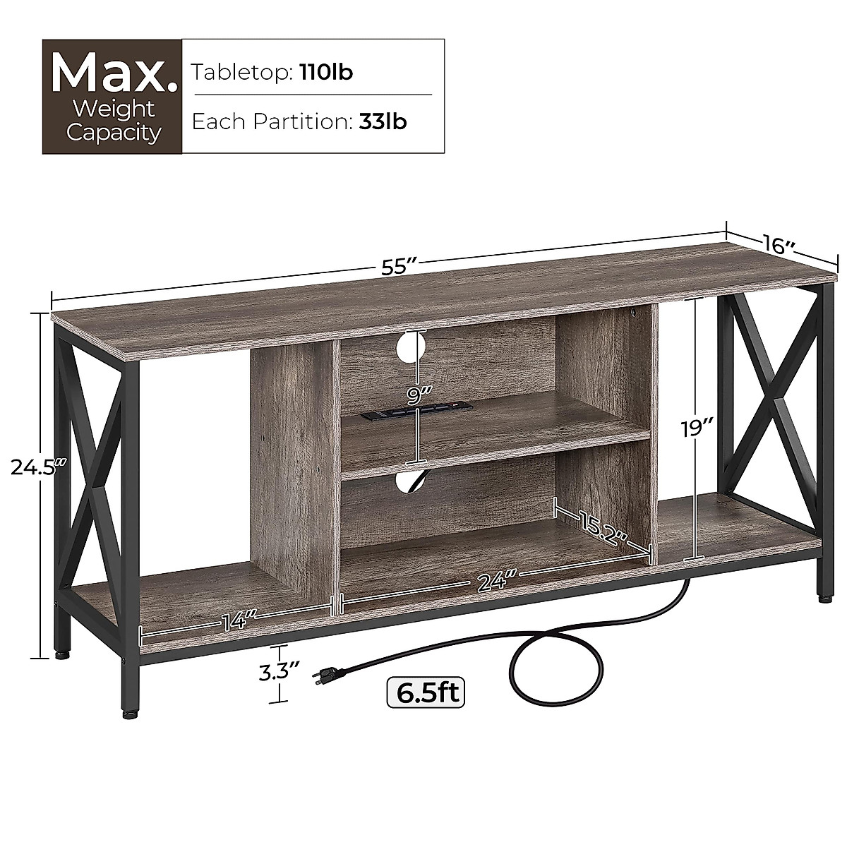 Yaheetech TV Stand for 65 Inch TV, Media Entertainment Center with Power Outlet for Living Room, Industrial TV Console with Side Shelves for PS Storage, Taupe Wood