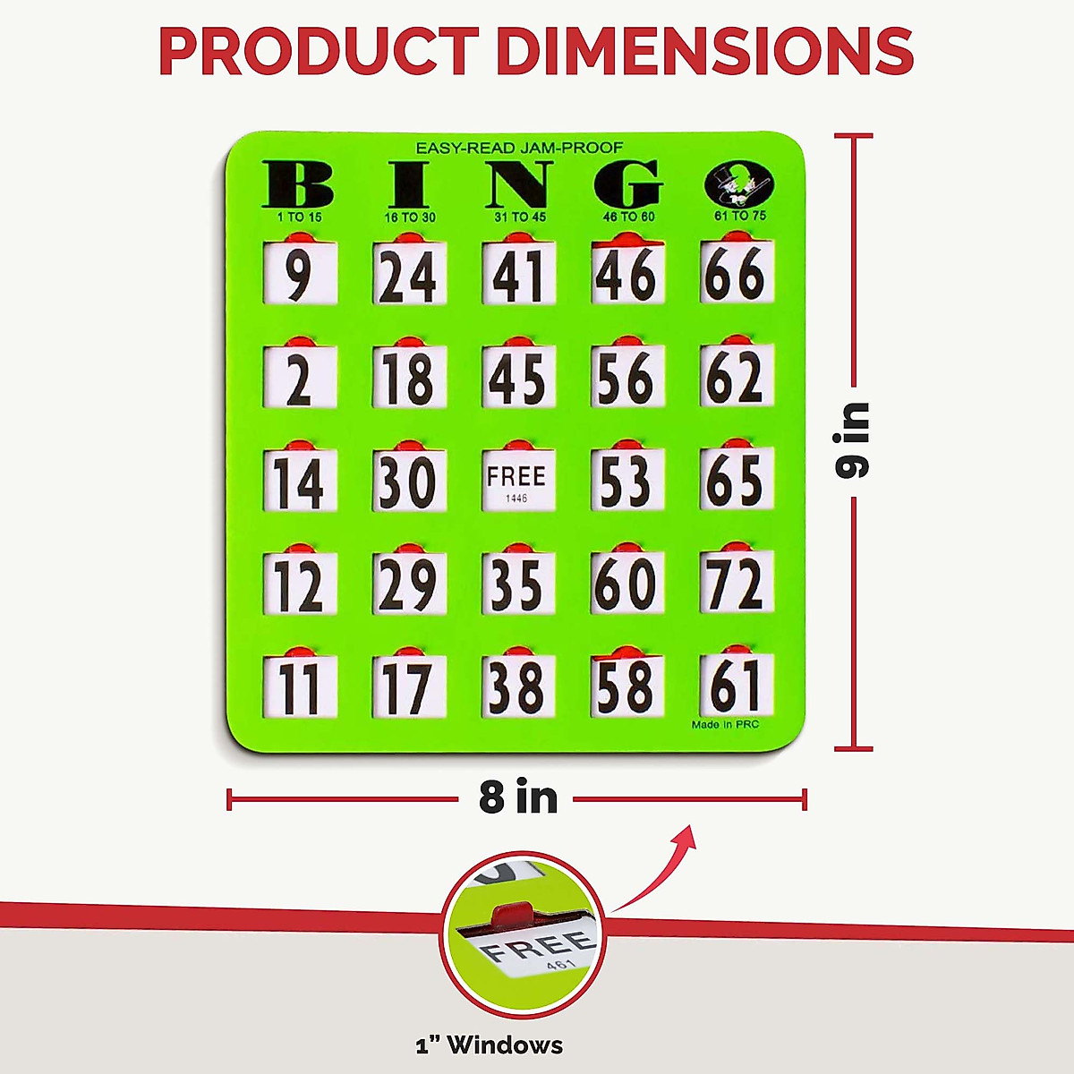 MR CHIPS Jam-Proof Easy-Read Large Print Fingertip Bingo Cards with Sliding Windows - 50 Pack in Green Style