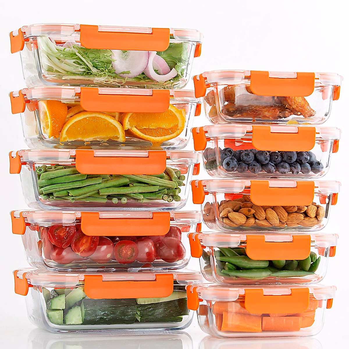 C CREST [10-Pack] Glass Food Storage Containers - Food Prep Containers with Lids - Microwave, Oven, Freezer and Dishwasher Safe