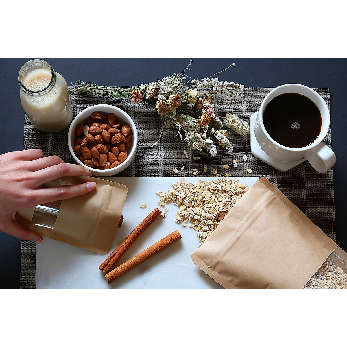 Yuugen Products Kraft Stand-Up Pouch Bags with Clear Window, Zip Lock, and Tear Notch - Reusable, Heat-Sealable | Storage for Food, Non-Food Items, Home and Business - 50 Pcs (5.9" x 8.6")