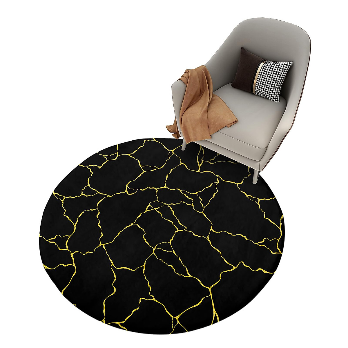 Black Gold Fluffy Round Area Rug Carpets 4ft, Plush Shaggy Carpet Soft Circular Rugs, Non-Slip Fuzzy Accent Floor Mat for Living Room Bedroom Nursery Home Decor Modern Geometric Abstract Art