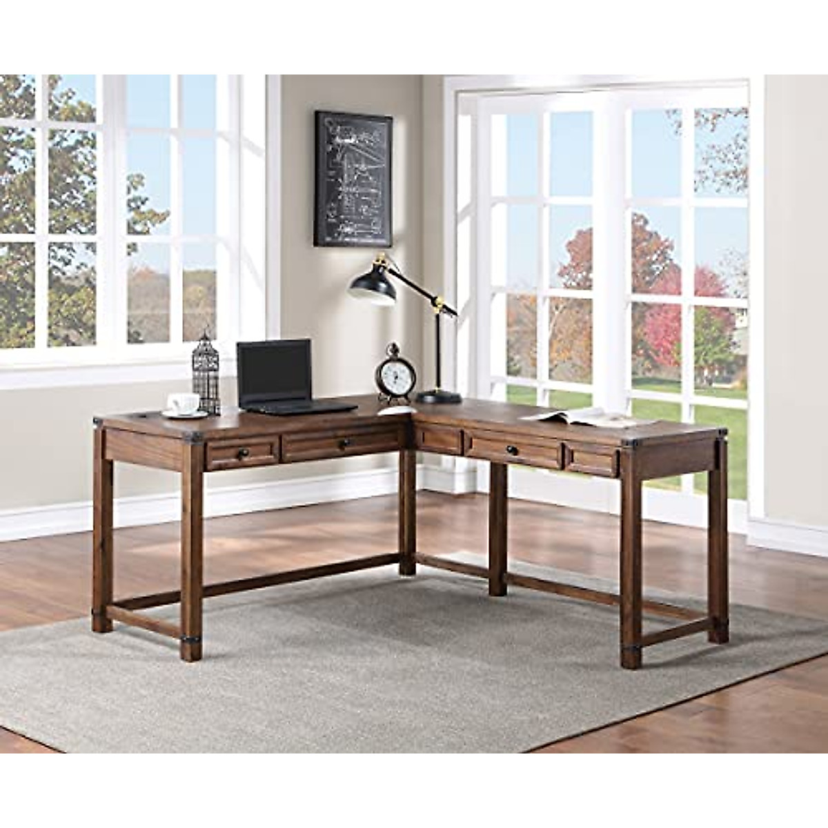OSP Home Furnishings Baton Rouge Rustic L-Shape Office Desk with Power Port Drawer, Brushed Walnut Finish