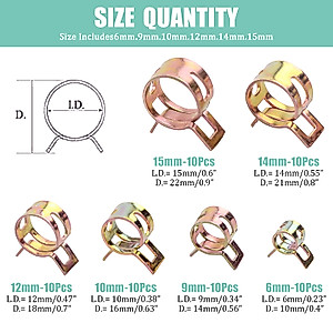 QTEATAK 60 Pcs Fuel Silicone Vacuum Hose Spring Band Type Action Pipe Clamp Low Pressure Air Clip Clamp SIZE: 6mm 9mm 10mm 12mm 14mm 15mm