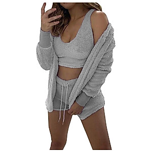 Aniywn Women's Winter 3 Piece Suit Faux Fur Pajamas Sets Sexy Fuzzy Cardigan Crop Top Shorts Nightwear Sets Loungewear