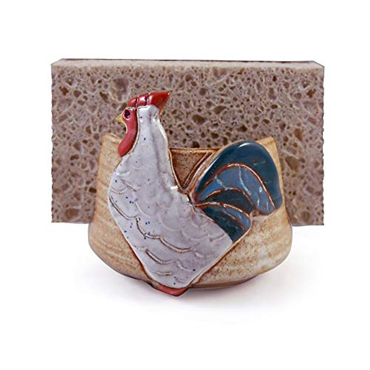 American Handmade Pottery Kitchen Sponge Holder, Farmhouse Rooster Motif