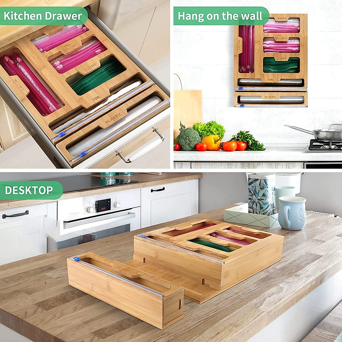 memrable [6 in 1] Ziplock Bag Storage Organizer, Aluminum Foil and Plastic Wrap Dispenser with Cutters, For Sandwich, Snack, Gallon, and Quart | Bamboo Kitchen Organizer