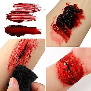 Fake Blood Spray Splatter + Fake Scabs Coagulated Blood Gel + Stipple Sponge, Washable Fake Blood for Clothes Eyes Face Skin, Fake Blood Makeup Kit for Halloween Vampire, Zombie and Sfx Wound