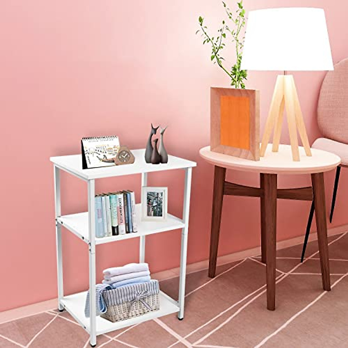 NO MORE TAG 3 Tier End Tables, 3 Shelf Wooden Storage Shelf Small Bedside Table for Office, Premium Wood Coffee Table for Living Room, Kitchen, Home Office, Balcony (White， 1pcs)