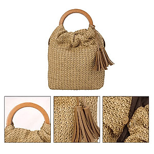 Women Tassels Straw Woven Handbag Wooden Top Handle Bucket Bag Summer Beach Travel Tote