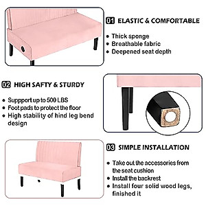STHOUYN 43" W Mini Small Comfy Couch Armless Loveseat Sofa for Bedroom with USB Port, Velvet Pink Small Couches for Small Spaces Living Room, Apartment Office Dorm (Pink)