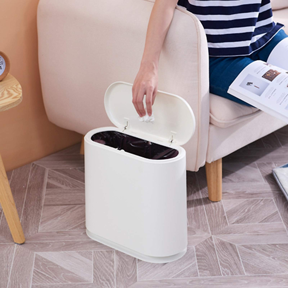 Sfozstra 10L Large Capacity Rectangular Plastic Trash Can with Lid, Trash Can with Removable Liner Bucket,Double Trash Can with Carrying Handle, Trash Can for Bathroom, Kitchen, Office (Creamy White)