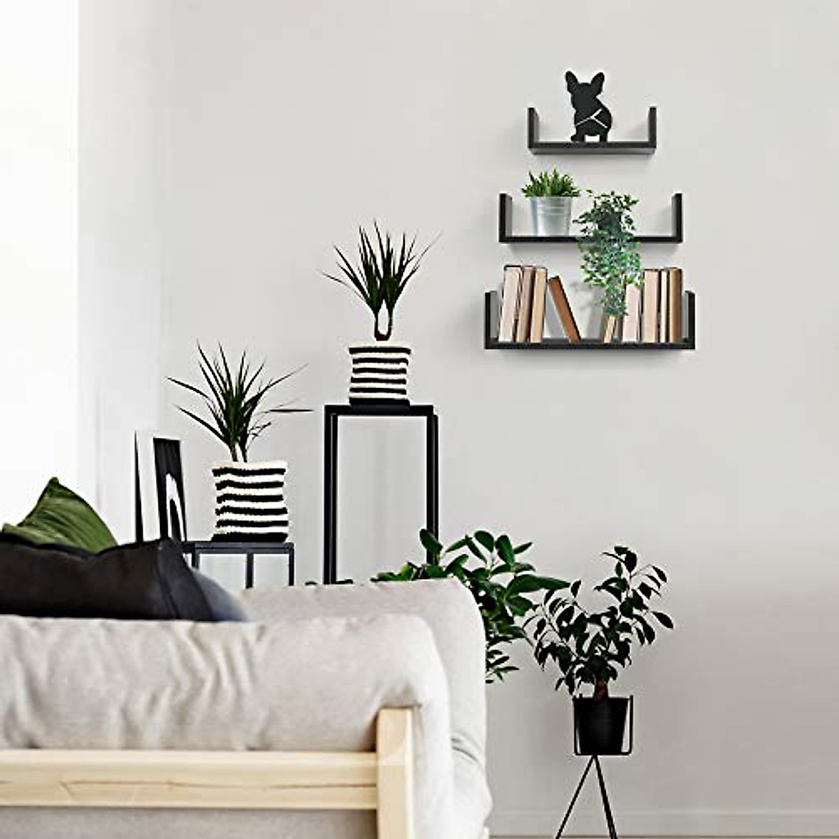 Americanflat Black Floating Shelves - Set of 3 - U Shaped Wall Mounted Display Ledges for Bedroom, Living Room, Bathroom, Kitchen, and Office