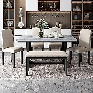 LCH Sets Modern Style 6-Piece Dining 4 Chairs & 1 Bench, Marbled Veneers Tabletop and V-Shaped Table Legs, Ideal for Restaurant or Family Bistro, Simple and Elegant (White)