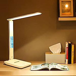 Desk Lamp LED Desk Light, Smart Features(Clock, Alarm, Date, Temperature)-Adjustable, Foldable Touch Table Lamp, 3 Levels of Dimmable Lighting - Suitable for Office, Bedroom, Study (TC25 White)