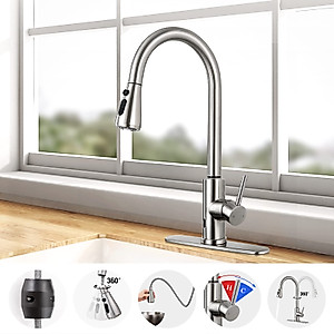 KZH Touchless Kitchen Faucet with Pull Down Sprayer,Motion Single Handle Touch Activated Faucet with Deck Plate,304 Stainless Steel, Brushed Nickel