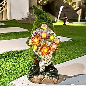 DKJOCKY Garden Gnomes Statues,Resin Knomes Figurine with Succulent Wreath Solar 6 LED Lights,Outdoor Statues Garden Decor for Patio Yard Lawn Porch Art Ornament Gift,10.2inch