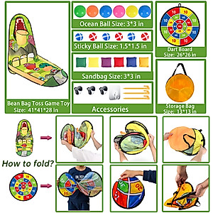 unanscre 3 in 1 Bean Bag Toss Game Toy Outdoor for Kids, Dinosaur Foldable Cornhole Board with Pop Up Basketball Game and Dartboard Set, Gift for Birthday/Xmas Party, Outside Toys for Toddlers Age 3+