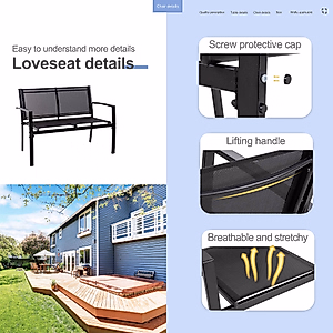 Meilocar 4 Pieces Patio Furniture, Textilene Metal Outdoor Furniture Set, Modern Conversation Set with Loveseat Tea Table, Small Outdoor Patio Chat Set for Backyard, Porch, Lawn and Balcony (Black)