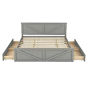 ATY King Size Platform Bed with 4 Storage Drawers, Wooden Bedframe w/Headboard and Support Legs, for Livingroom, Bedroom, Guestroom, No Box Spring Needed, Gray