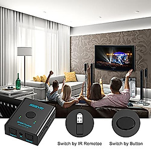 Digital Audio Optical Audio Switch 2 in 1 Out, SGEYR Digital Optical Audio Splitter SPDIF Toslink Switch Optical Switcher with IR Remote Control & Optical Cable for PS3 Xbox Blue-Ray HDTV