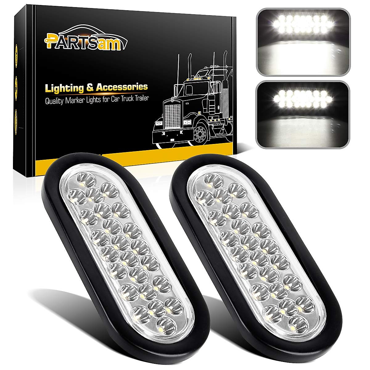 Partsam 2x Oval Clear Lens White Stop Turn Tail Backup Reverse Fog Lights Lamps Rubber Flush Mount 6" 24 LED for Truck Trailer Boat RV Waterproof