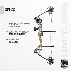 Bear Archery Limitless Dual Cam Compound Bow - includes Quiver, Sight and Rest, God's Country
