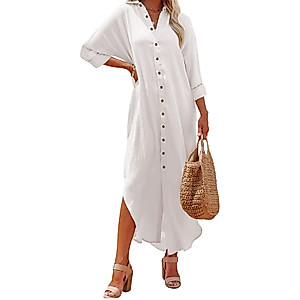 Dokotoo Womens Plus Size Casual Summer Spring Wrap Button Down Front Cotton Long Sleeve Maxi Dress Long Cardigan Beach Boho Cover Ups Shirt Dresses for Women 2023 White Small