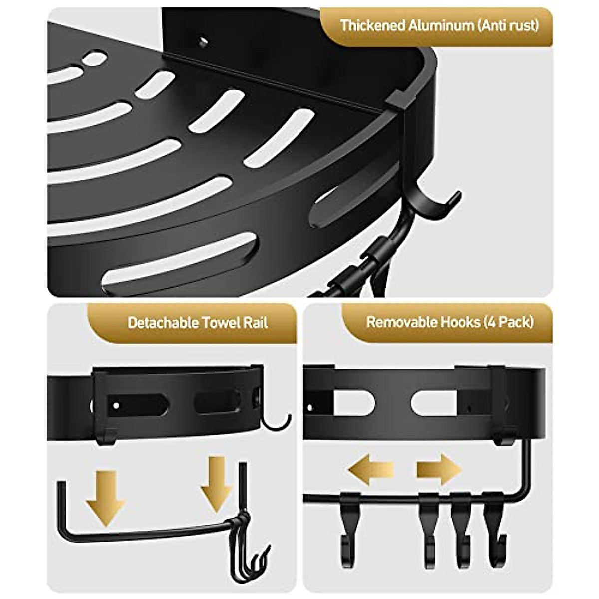 MAZEME 2 Pack Adhesive Corner Shower Caddy Organizer with 4 Hooks and Bathroom Towel Bar, Hanging Plastic Shower Shelf Basket Storage Racks No Drilling Rustproof Wall Mounted for Dorm College, Black