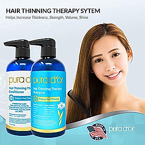 PURA D'OR Hair Thinning Therapy Biotin Shampoo and Conditioner Set, CLINICALLY TESTED Proven Results, DHT Blocker Hair Thickening Products For Women & Men, Natural Routine Shampoo, Color Safe, 16oz x2