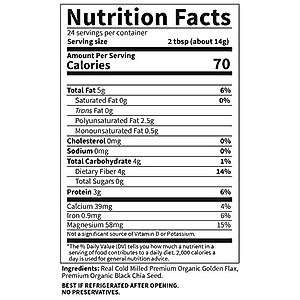 Garden of Life 100% USDA Organic Ground Flax Seed & Chia Blend, Gluten Free Cold Milled Golden Meal Plus Premium Black - Vegan Fiber, Protein and Omega 3 Fatty Acids, 24 Servings, 12 Oz