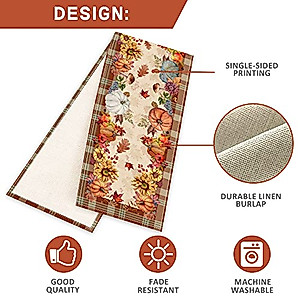 Fall Table Runner Autumn 72 Inches Long x 13 Burlap Linen Home Kitchen Decor Pumpkin Sunflower Leaves Buffalo Plaid Check Seasonal Coffee Dining Rustic Farmhouse Red Orange Yelllow Fall Table Runners