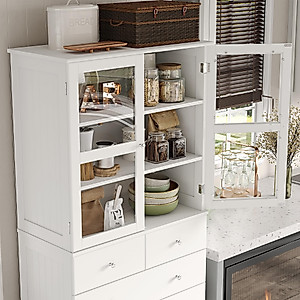 HOSTACK 71" Tall Kitchen Pantry Storage Cabinet, Freestanding Bar Cabinet with Glass Doors and Shelves, Hutch Cabinet with 2 Drawers, Cupboard for Living Room, Dining Room, White