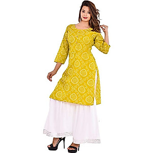Vrnda Indian Women's Jaipuri Bandhani Printed Straight Cotton Kurti & Rayon Sharara Set For Women (L)