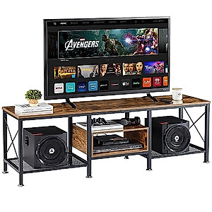 VECELO Industrial TV Stand for 70 Inch Television Cabinet 3-Tier Console with Open Storage Shelves, Entertainment Center Metal Frame for Living Room, Bedroom, 63 Inch, Dark Brown