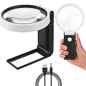 Anourney 10X 30X Large 4.35in Magnifying Glass with Light and Stand, Handheld Standing LED Illuminated Magnifier, Folding Reading Magnifying Glass with for Seniors Read, Cross Stitch, Map, Jewelry