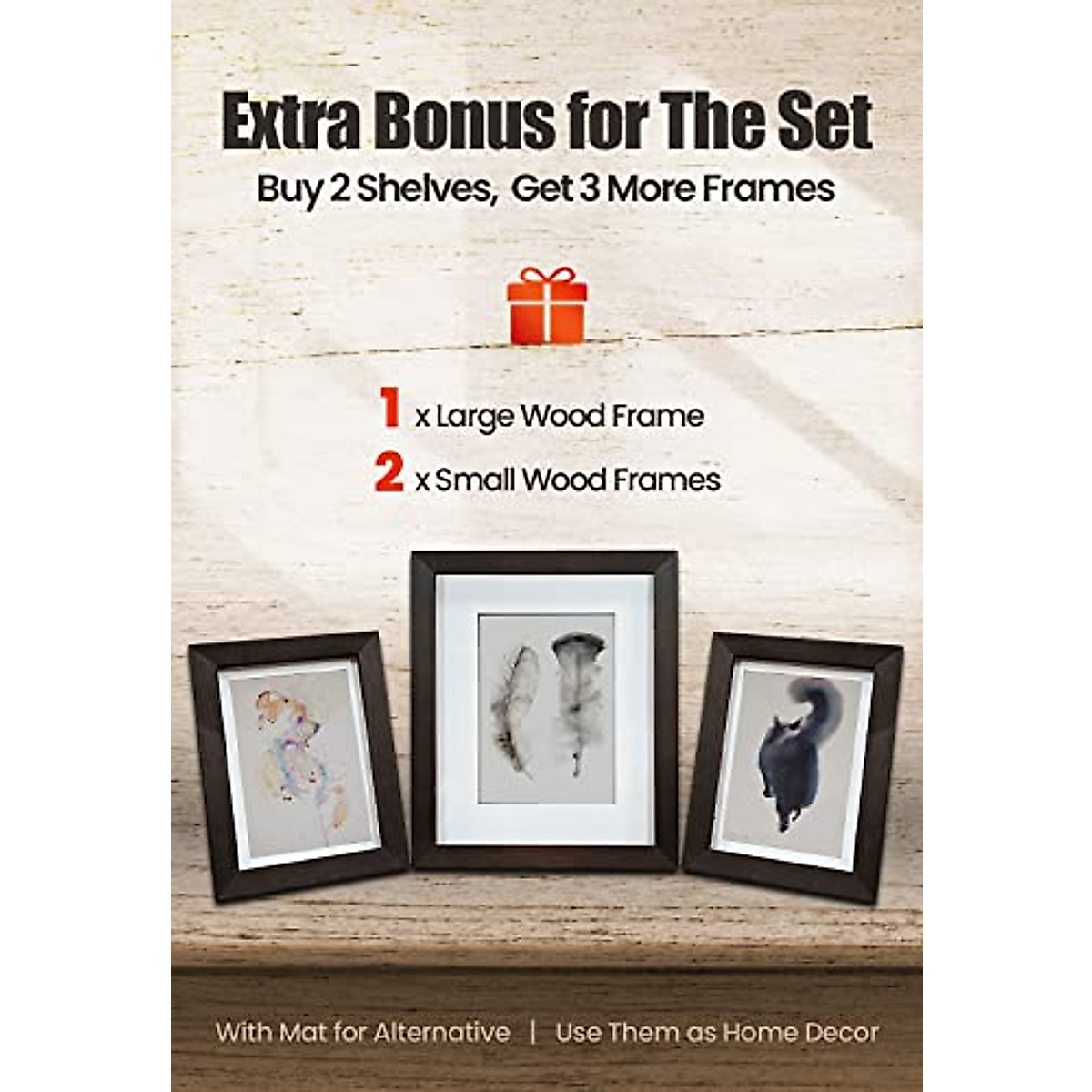 LYNNC Floating Shelves, 2 Rustic Wood Shelves + 3 Photo Frames, Wall Shelves for Bedroom, Living Room, Bathroom, Kitchen, Cocoa Brown