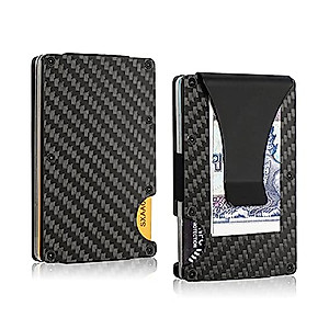 Real Carbon Fiber Minimalist RFID Blocking Card Wallet Holder Metal Men's Wallet with Money Clip (Black)