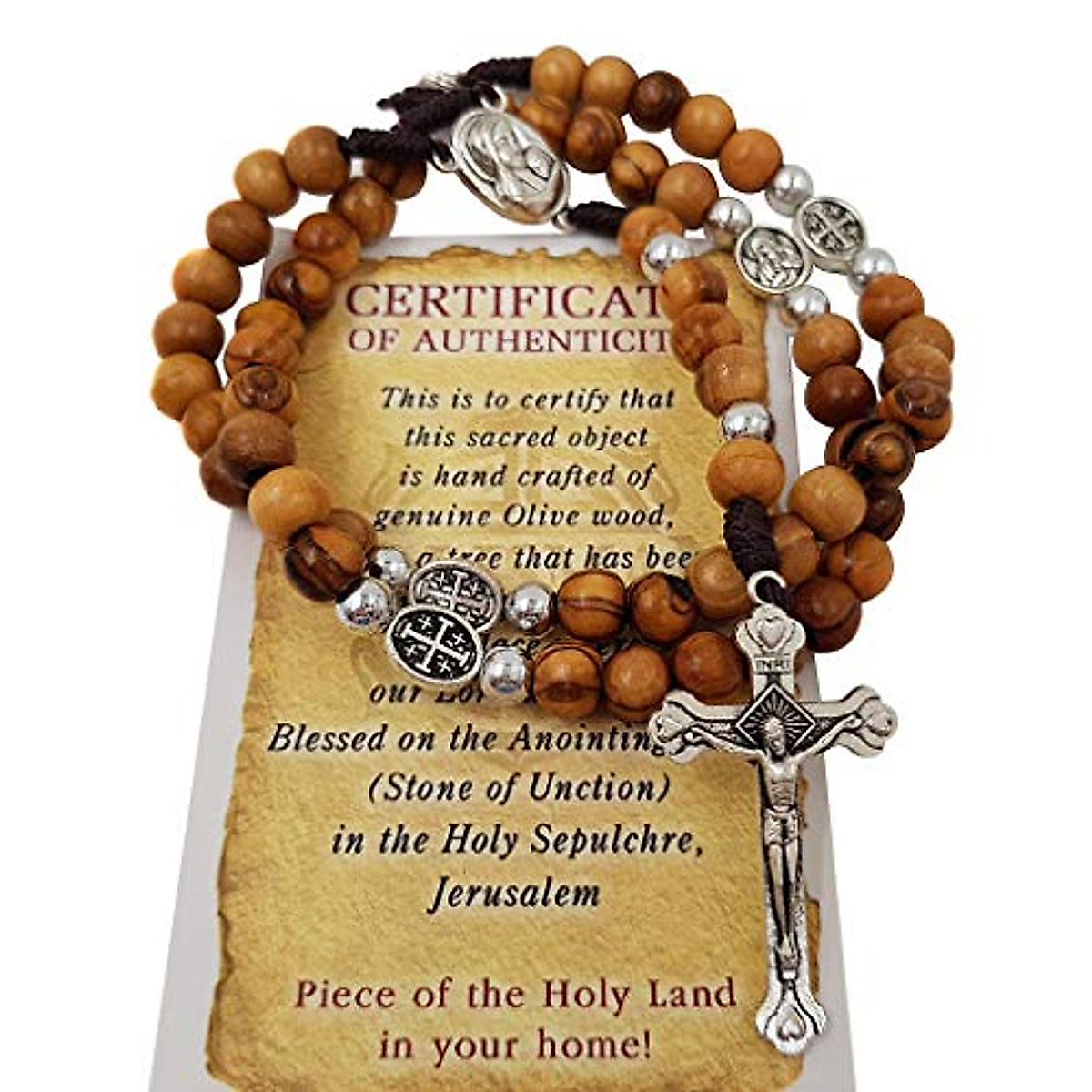 TALISMAN4U Olive Wood Rosary Beads Catholic Necklace with Jerusalem Holy Soil & Certificate in Blue Velvet Rosary Pouch